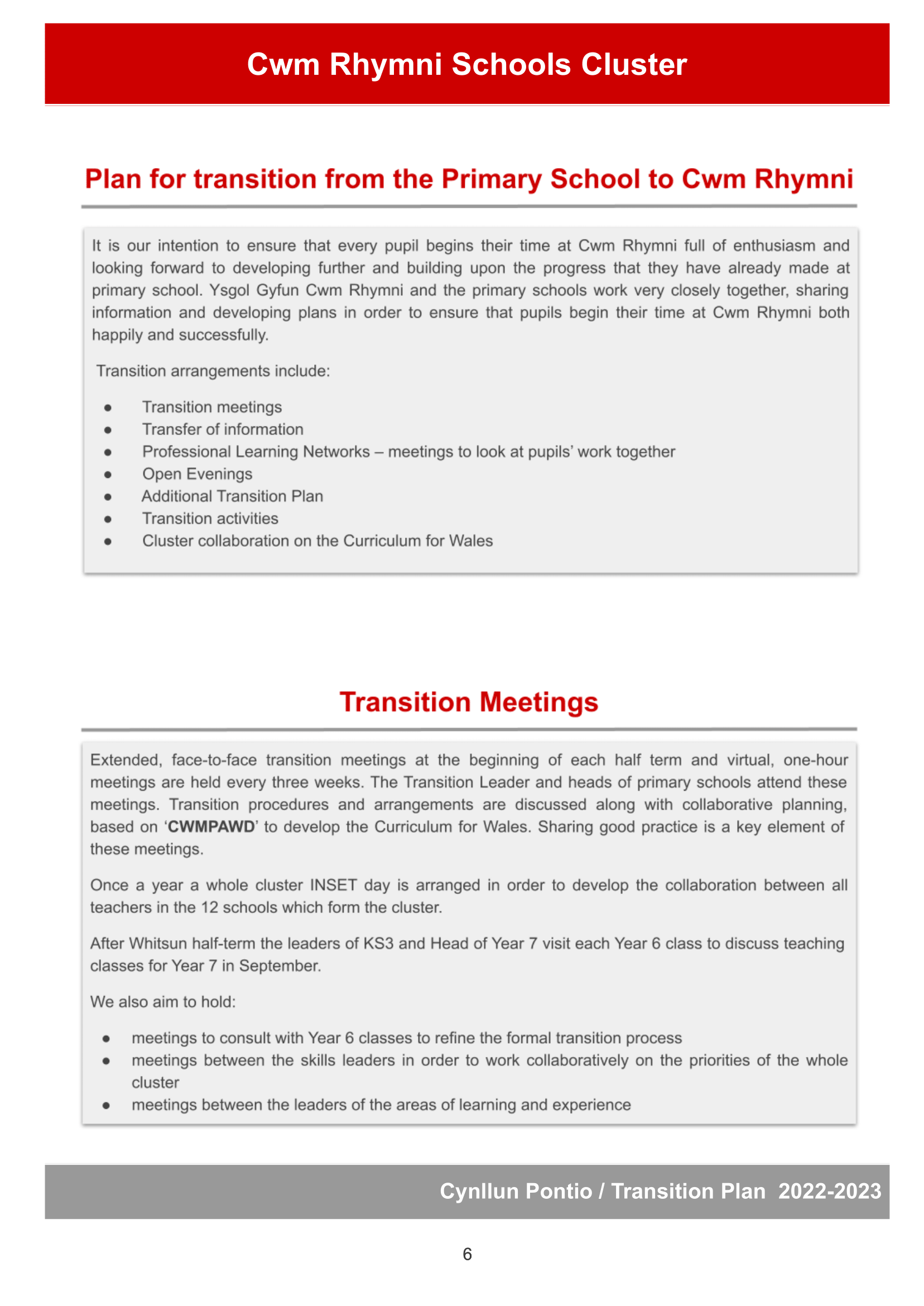 Transition Plan – Ysgol Gyfun Cwm Rhymni