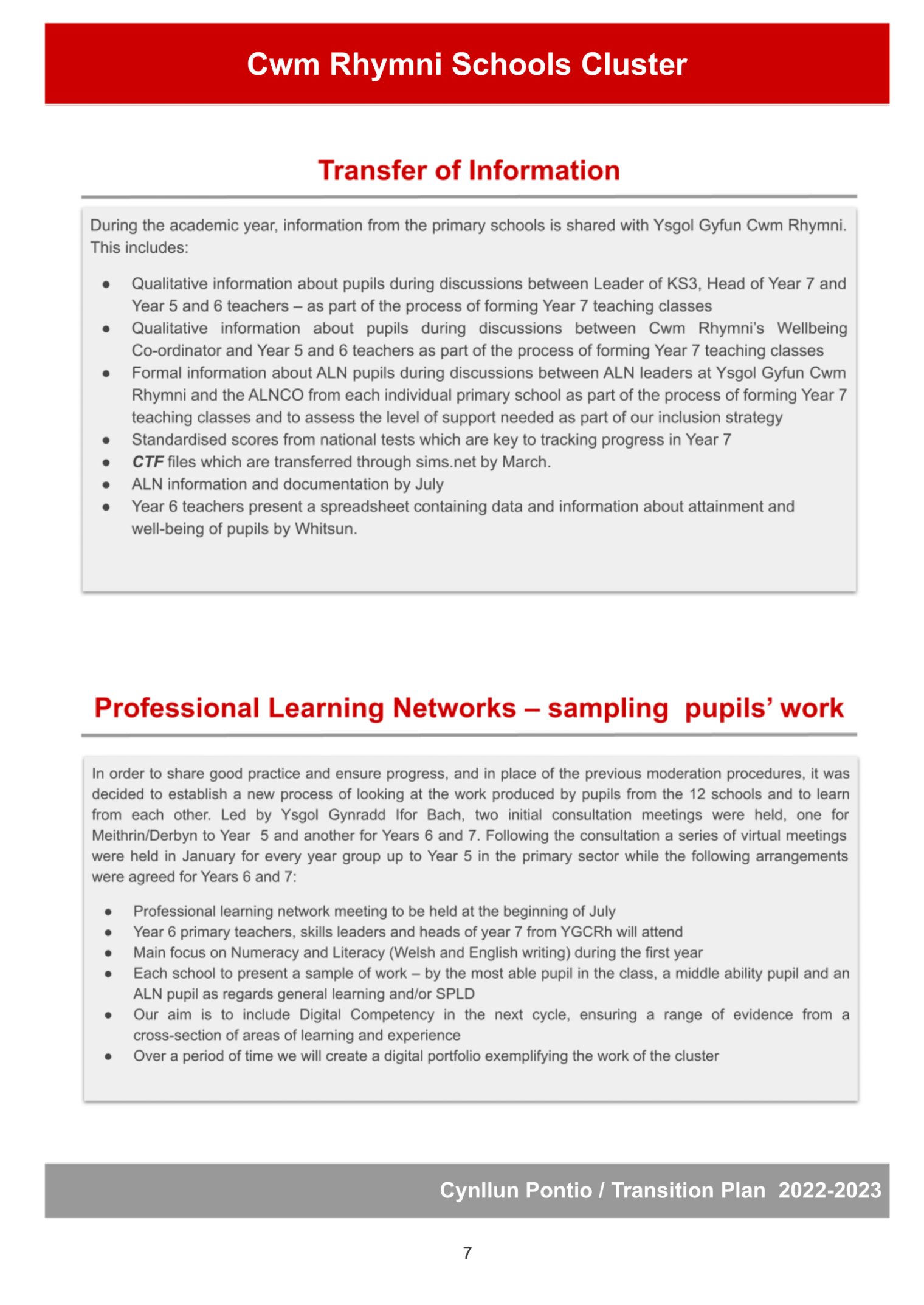 Transition Plan – Ysgol Gyfun Cwm Rhymni