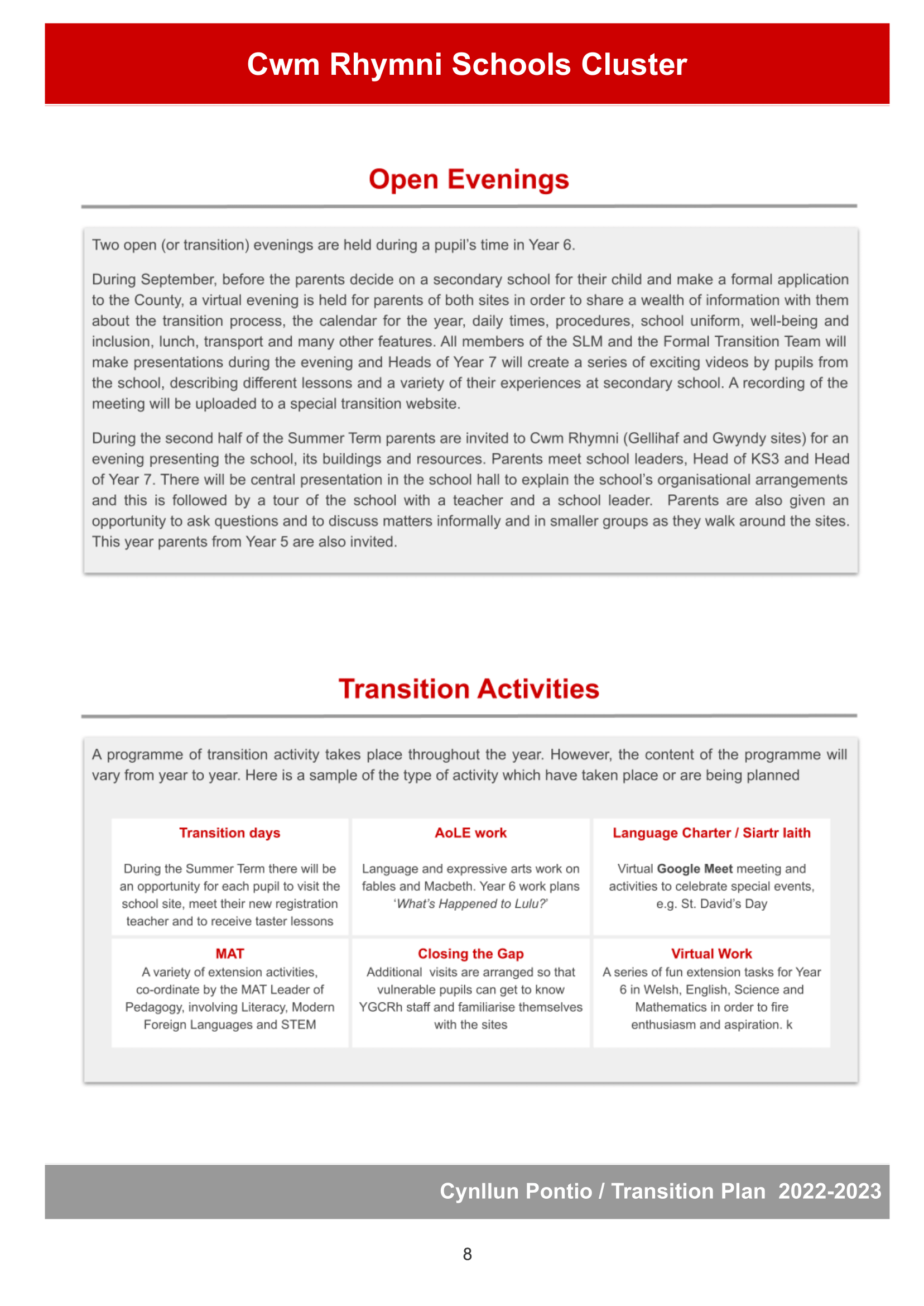 Transition Plan – Ysgol Gyfun Cwm Rhymni